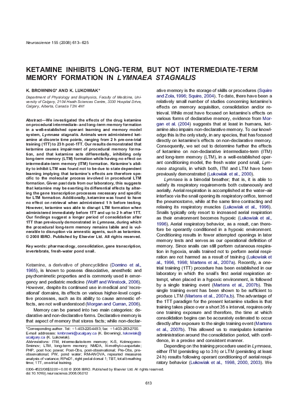 (PDF) Ketamine inhibits long-term, but not intermediate-term memory ...