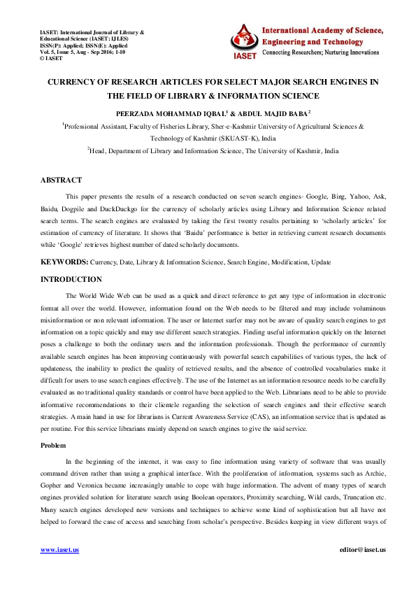 (PDF) CURRENCY OF RESEARCH ARTICLES FOR SELECT MAJOR SEARCH ENGINES IN ...