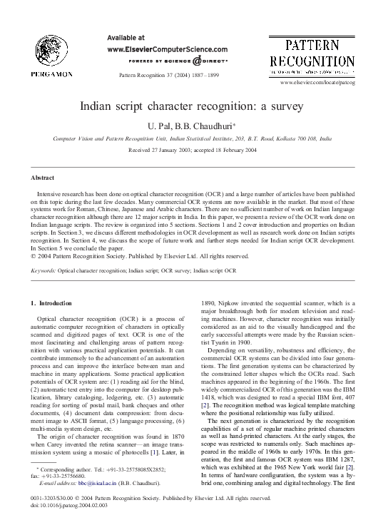 Pdf Indian Script Character Recognition A Survey Soumya Malkar