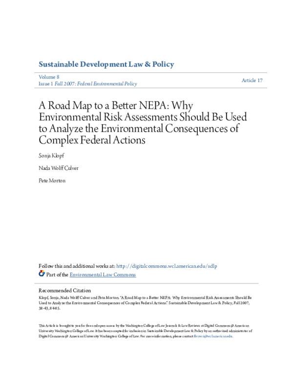 (PDF) A Road Map to a Better NEPA:Why Environmental Risk Assessments ...