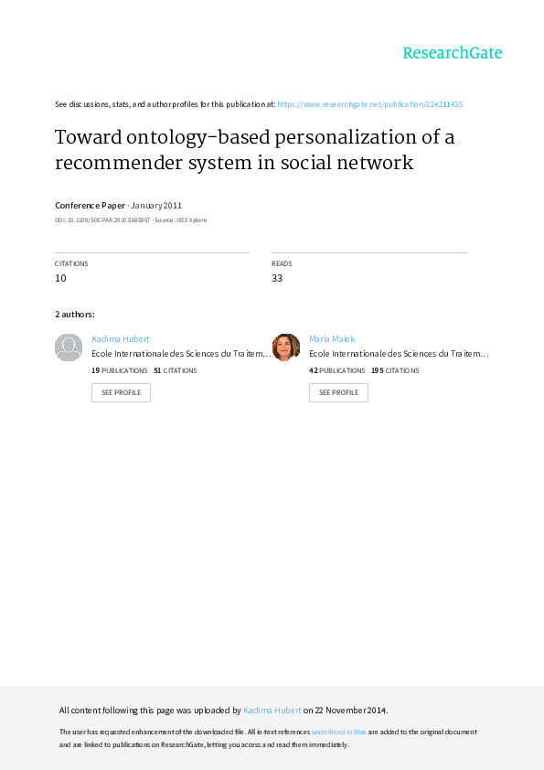 Pdf Toward Ontology Based Personalization Of A Recommender System In Social Network
