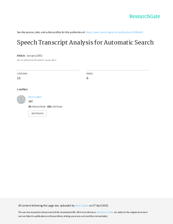 (PDF) Speech transcript analysis for automatic search