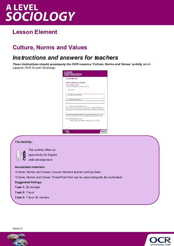 (PDF) Lesson Element Culture, Norms and Values Instructions and answers for teachers