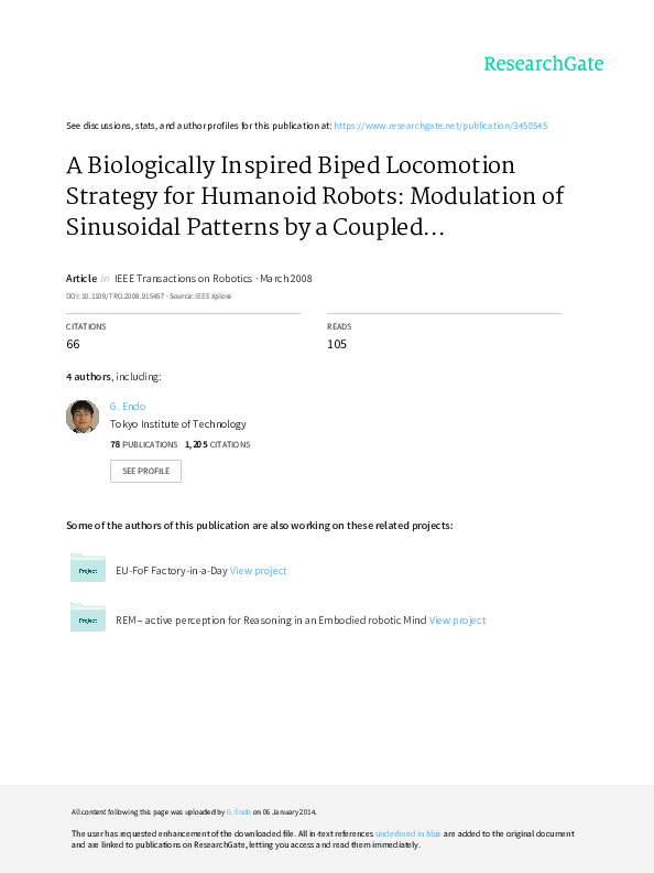 (PDF) A Biologically Inspired Biped Locomotion Strategy for Humanoid Robots: Modulation of ...
