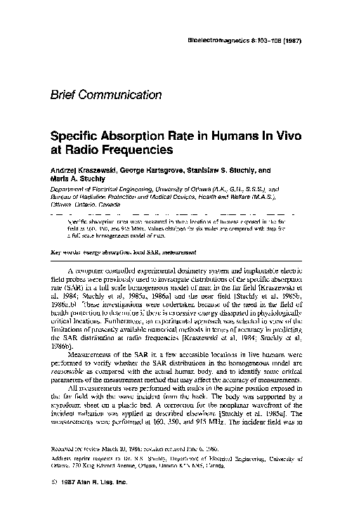 (PDF) Specific absorption rate in humans in vivo at radio frequencies