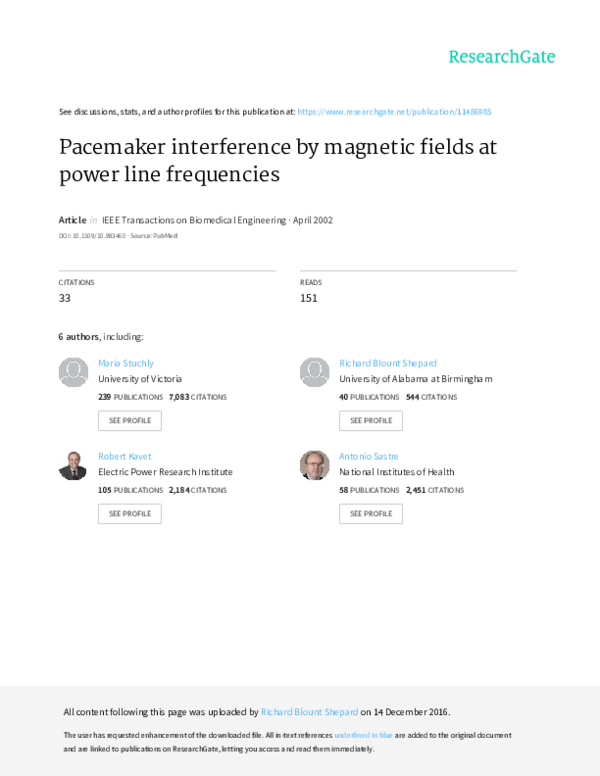 (PDF) Pacemaker interference by magnetic fields at power line frequencies