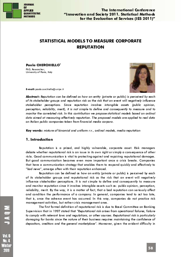 (PDF) Statistical Models to Measure Corporate Reputation