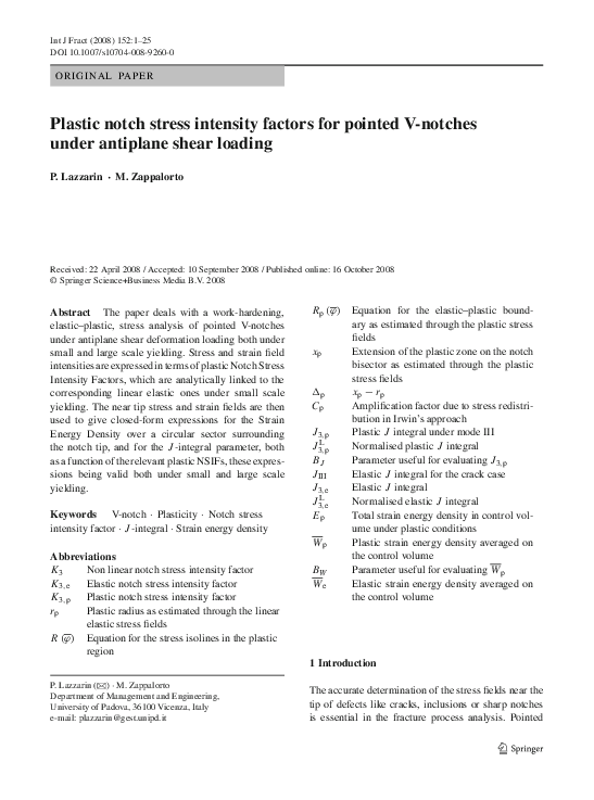 (PDF) Plastic notch stress intensity factors for pointed V-notches ...