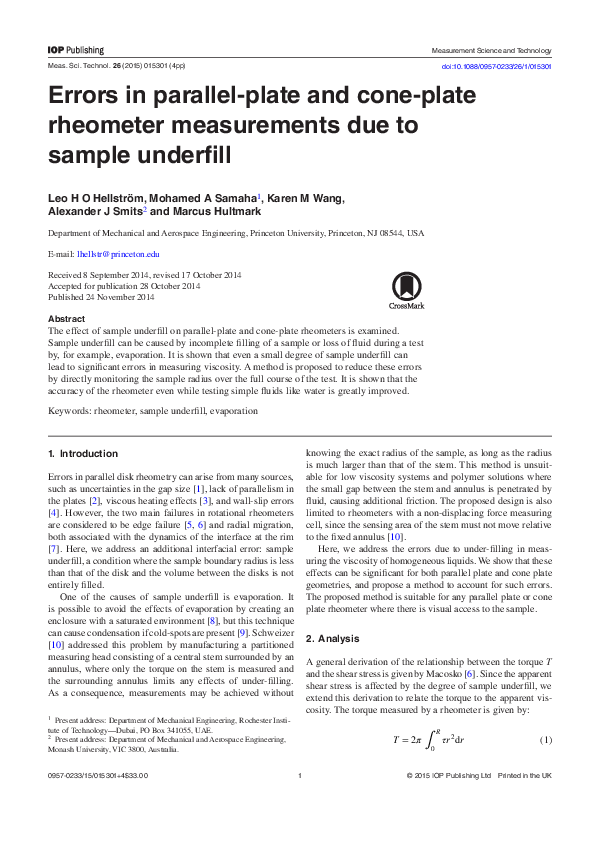 (PDF) Errors in parallel-plate and cone-plate rheometer measurements ...