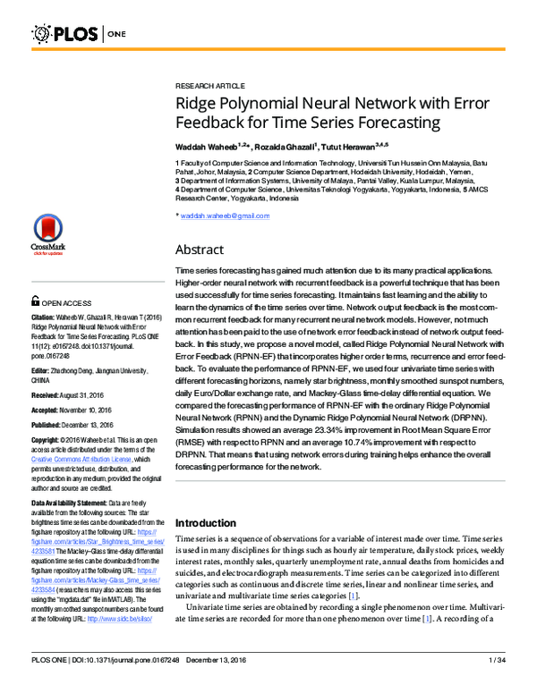 (PDF) Ridge Polynomial Neural Network with Error Feedback for Time Series Forecasting