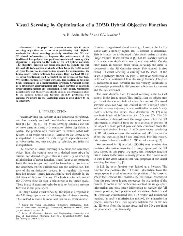 Pdf Visual Servoing By Optimization Of A 2d3d Hybrid Objective Function