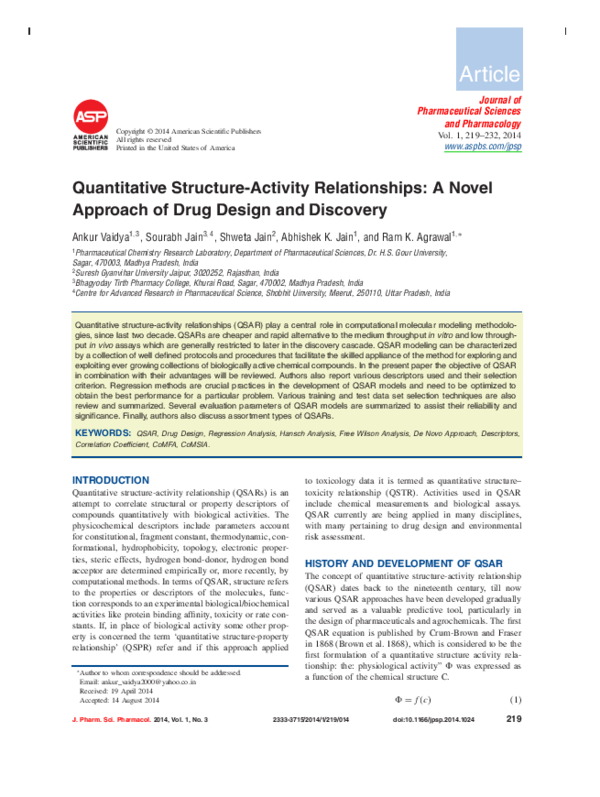 Pdf Quantitative Structure Activity Relationships A Novel Approach
