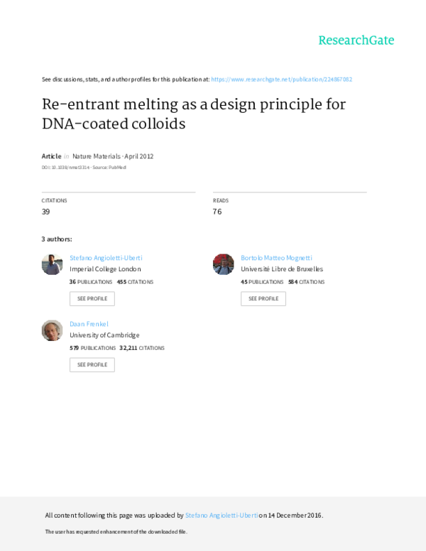 (PDF) Re-entrant melting as a design principle for DNA-coated colloids