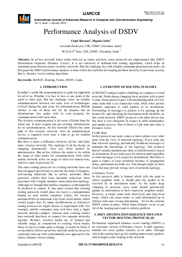 (PDF) DSDV Performance Analysis in Ad Hoc Networks