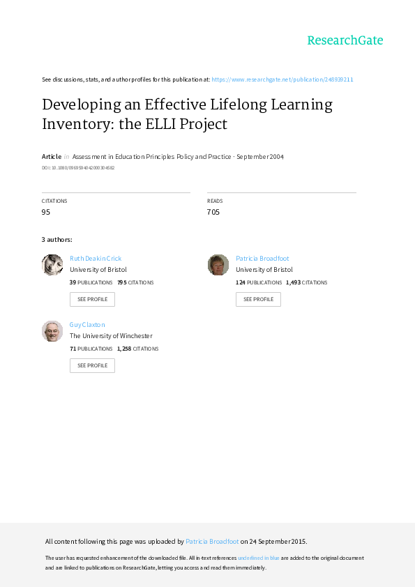 (PDF) Developing an Effective Lifelong Learning Inventory: the ELLI Project