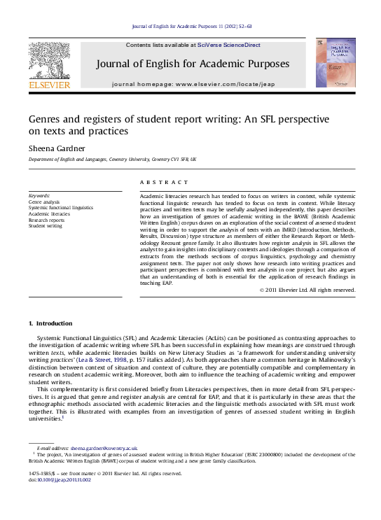 (PDF) Genres and registers of student report writing: An SFL ...