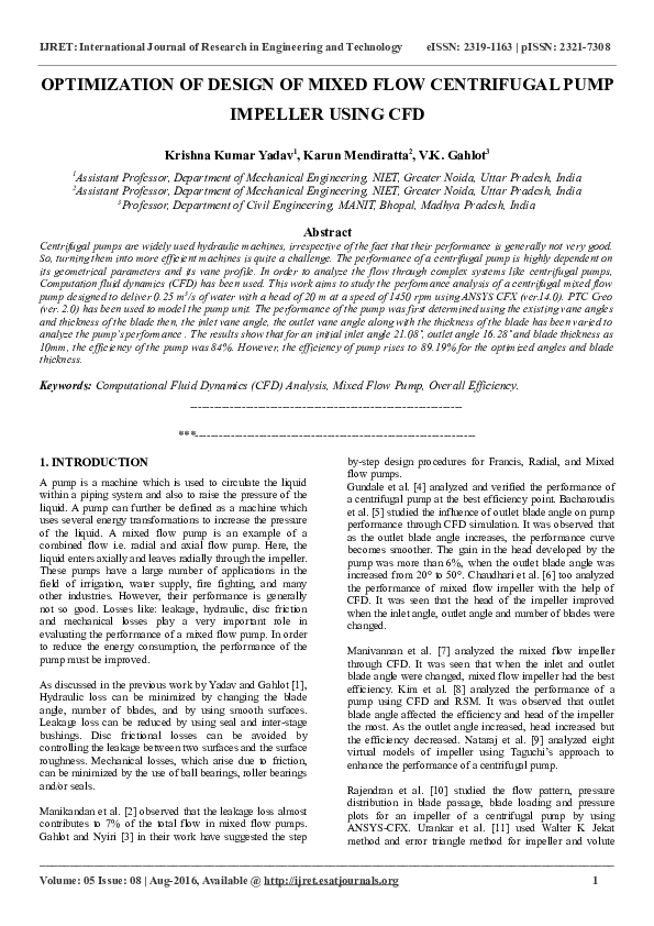 (DOC) OPTIMIZATION OF DESIGN OF MIXED FLOW CENTRIFUGAL PUMP IMPELLER USING CFD