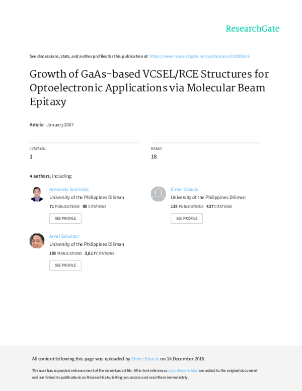 (PDF) Growth of GaAs-based VCSEL/RCE Structures for Optoelectronic Applications via Molecular ...