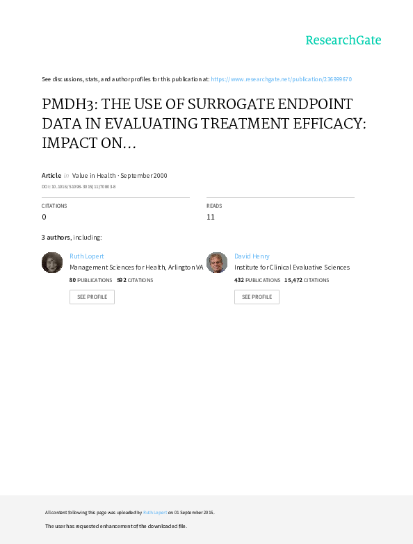 (PDF) PMDH3: THE USE OF SURROGATE ENDPOINT DATA IN EVALUATING TREATMENT EFFICACY: IMPACT ON ...