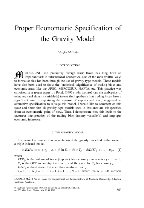 (PDF) Proper econometric specification of the gravity model
