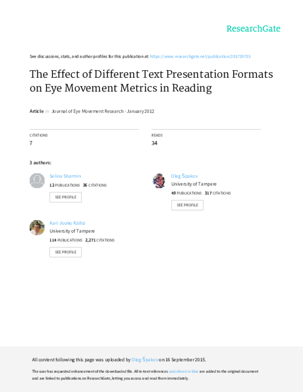 Pdf The Effect Of Different Text Presentation Formats On Eye Movement Metrics In Reading