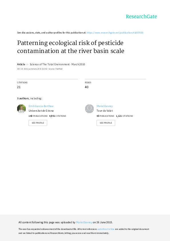 (PDF) Patterning ecological risk of pesticide contamination at the ...