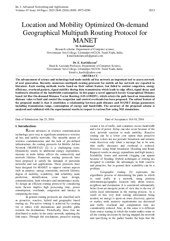 (PDF) Location and Mobility Optimized On-demand Geographical Multipath Routing Protocol for MANET