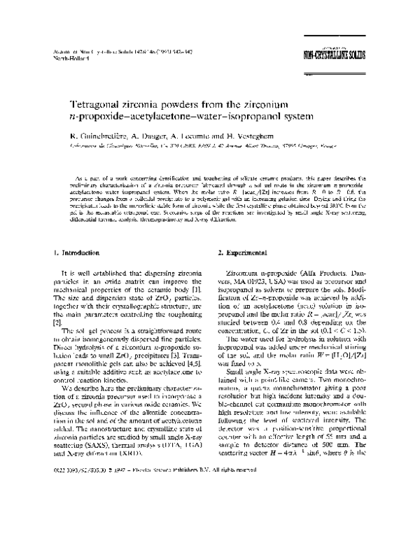 (PDF) Tetragonal zirconia powders from the zirconium n-propoxide ...