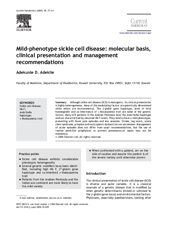 (PDF) Mild-phenotype sickle cell disease: molecular basis, clinical ...