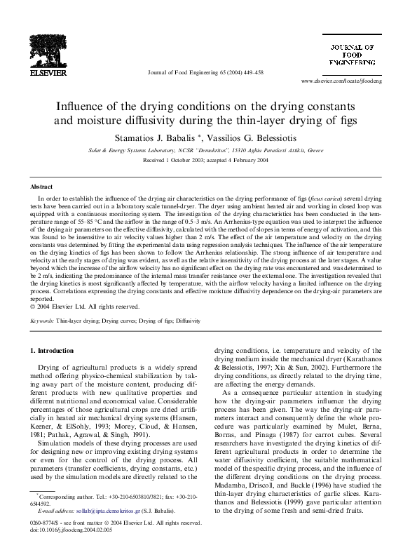 Pdf Influence Of The Drying Conditions On The Drying Constants And Moisture Diffusivity During