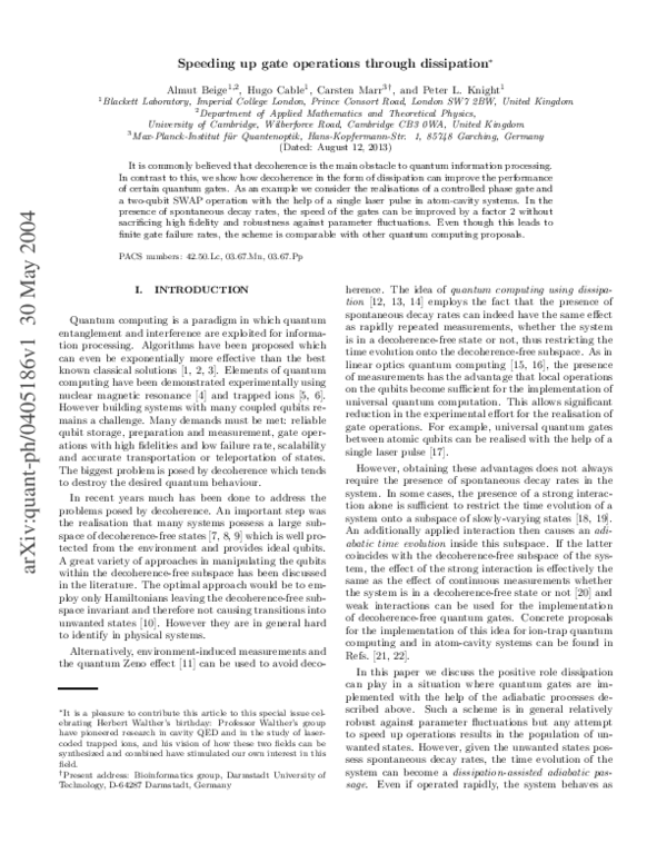 (PDF) Speeding up gate operations through dissipation