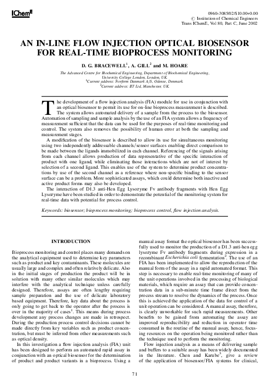 Pdf An In Line Flow Injection Optical Biosensor For Real Time Bioprocess Monitoring
