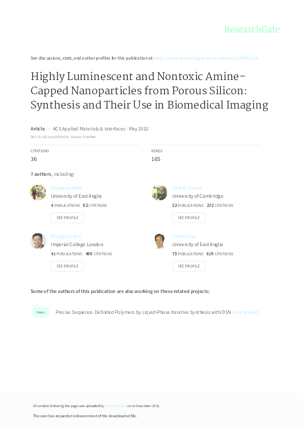 (PDF) Highly luminescent and non-toxic amine-capped nanoparticles from porous silicon: synthesis ...