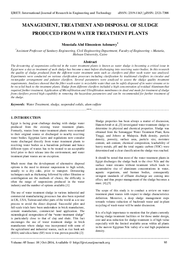 (PDF) MANAGEMENT, TREATMENT AND DISPOSAL OF SLUDGE PRODUCED FROM WATER ...