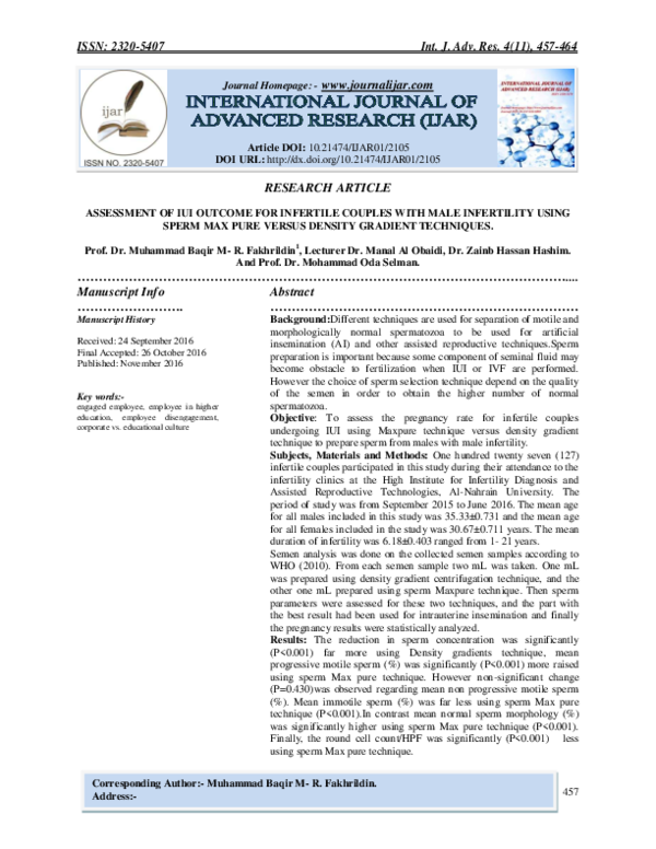 (PDF) ASSESSMENT OF IUI OUTCOME FOR INFERTILE COUPLES WITH MALE ...