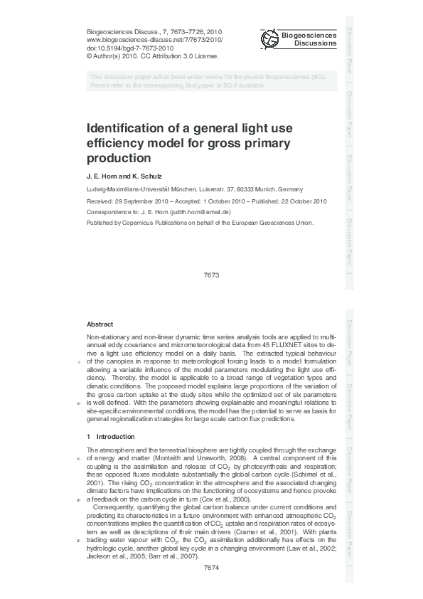 (PDF) Identification of a general light use efficiency model for gross ...