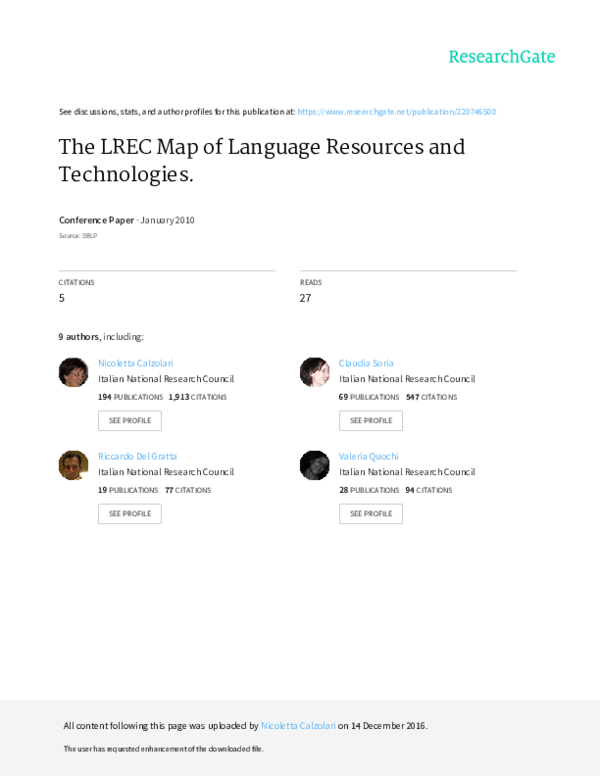 (PDF) The LREC Map of Language Resources and Technologies