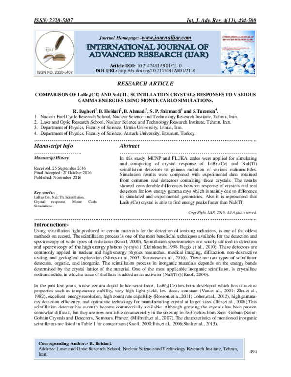 (PDF) COMPARISON OF LaBr 3 (CE) AND NaI(TL) SCINTILLATION CRYSTALS RESPONSES TO VARIOUS GAMMA ...