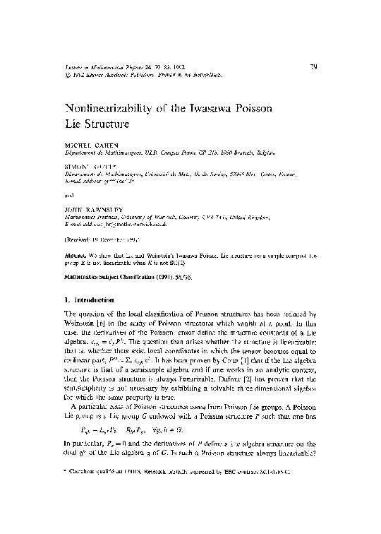 (PDF) Nonlinearizability of the Iwasawa Poisson Lie structure | John H ...