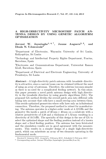 Pdf A High Directivity Microstrip Patch Antenna Design By Using Genetic Algorithm Optimization