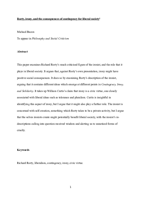 (DOC) Rorty, irony, and the consequences of contingency for liberal society