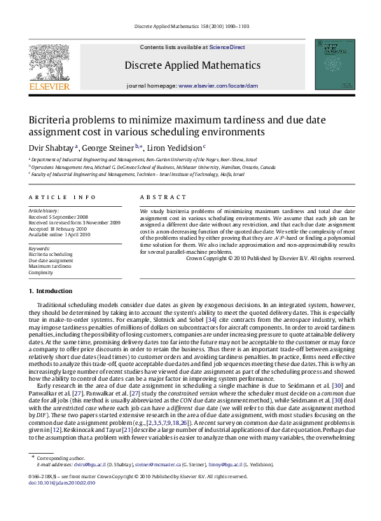 (PDF) Bicriteria problems to minimize maximum tardiness and due date assignment cost in various ...