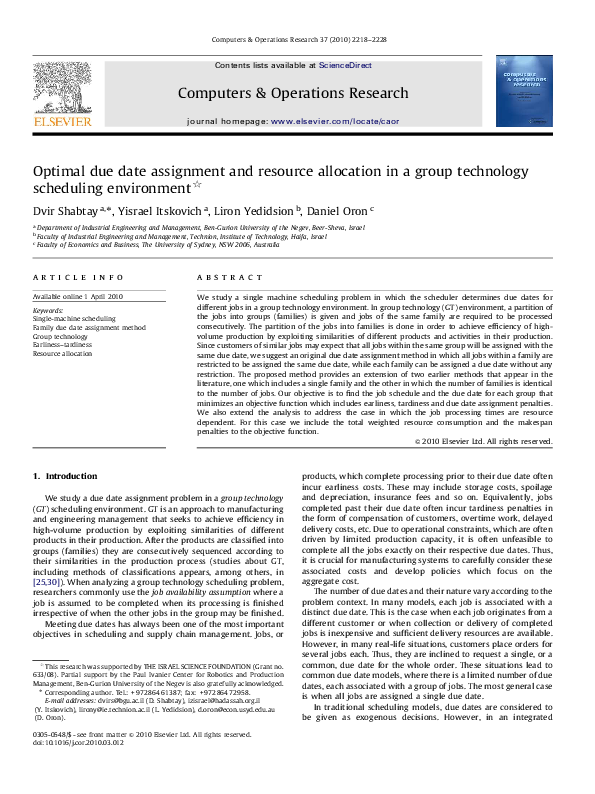 Pdf Optimal Due Date Assignment And Resource Allocation In A Group Technology Scheduling