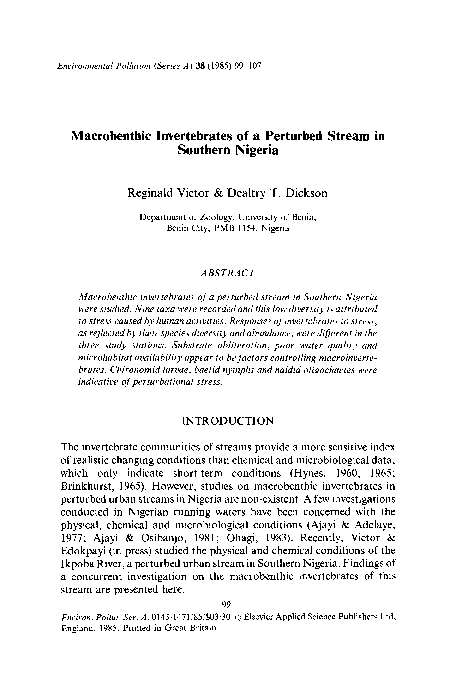(PDF) Macrobenthic invertebrates of a perturbed stream in Southern Nigeria
