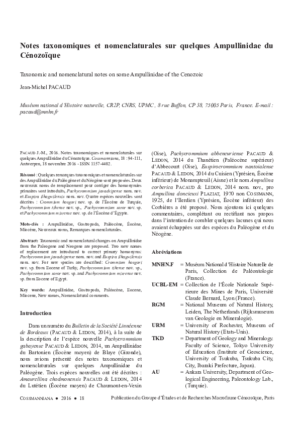 Notes taxonomiques et nomenclaturales sur quelques Ampullinidae du ...