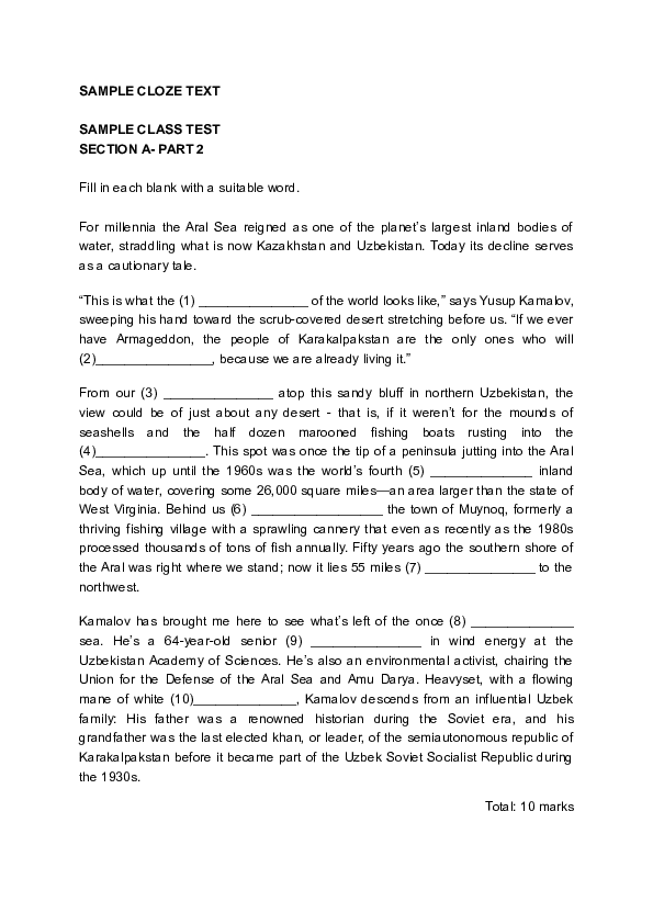 (DOC) SAMPLE CLOZE TEXT SAMPLE CLASS TEST SECTION A-PART 2