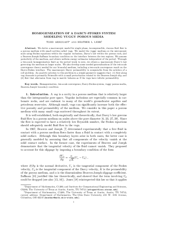 (PDF) Homogenization of a Darcy–Stokes system modeling vuggy porous media