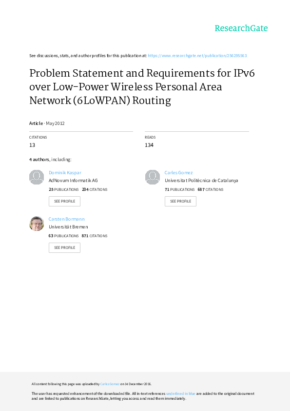 (PDF) Problem Statement and Requirements for IPv6 over Low-Power Wireless Personal Area Network ...