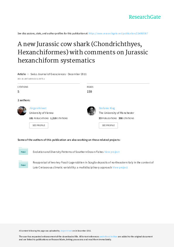(PDF) A new Jurassic cow shark (Chondrichthyes, Hexanchiformes) with ...