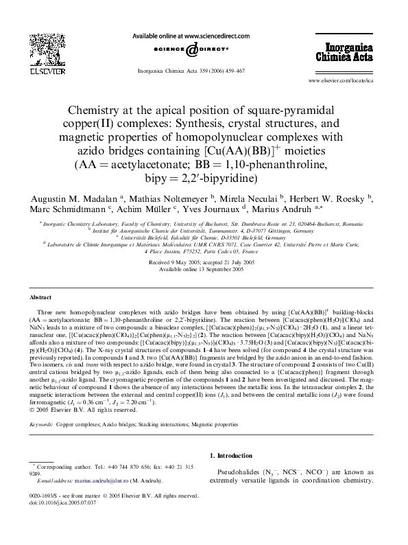 (PDF) Chemistry at the apical position of square-pyramidal copper(II) complexes: Synthesis ...